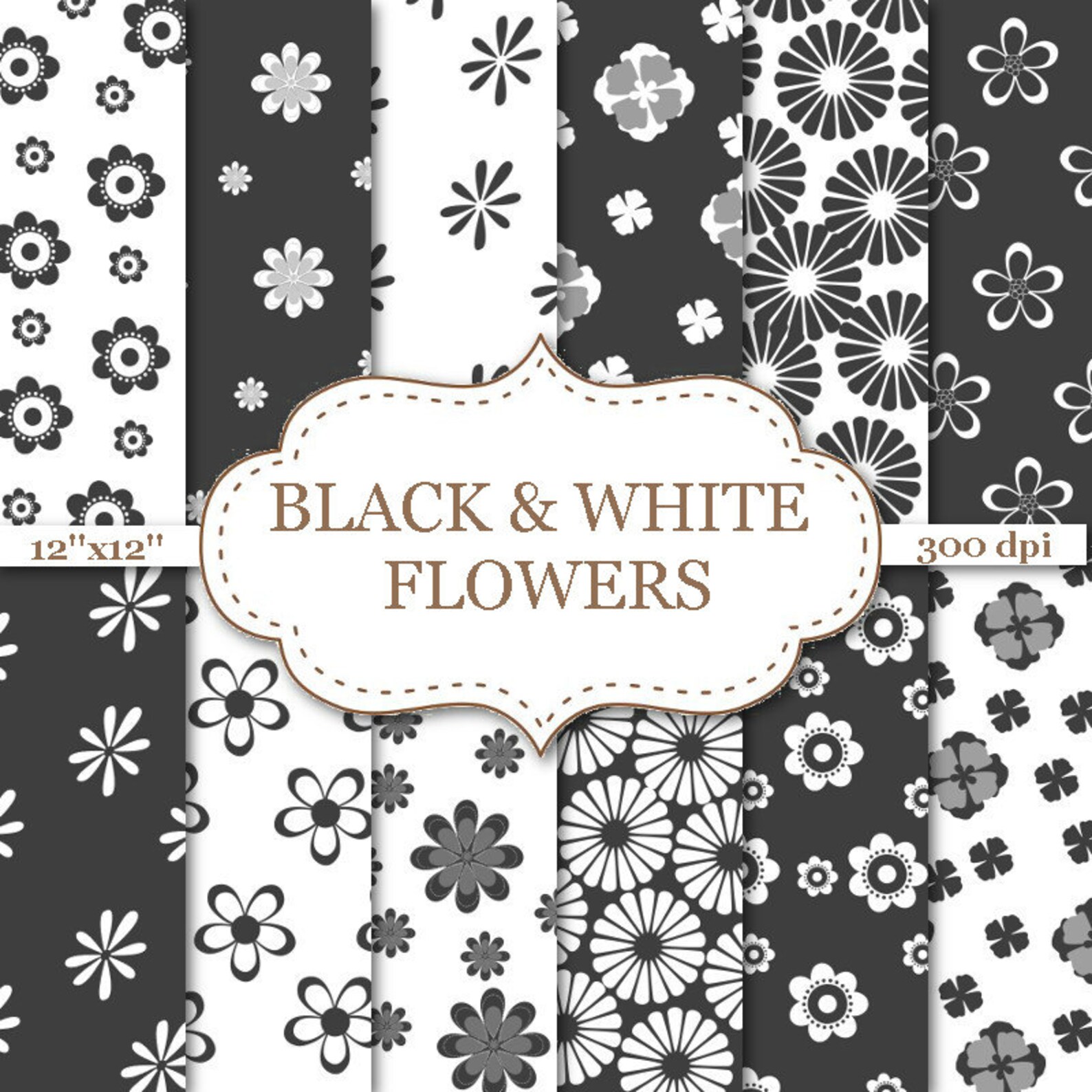 BLACK & WHITE FLOWERS Digital Paper Floral Backgrounds Floral - Etsy
