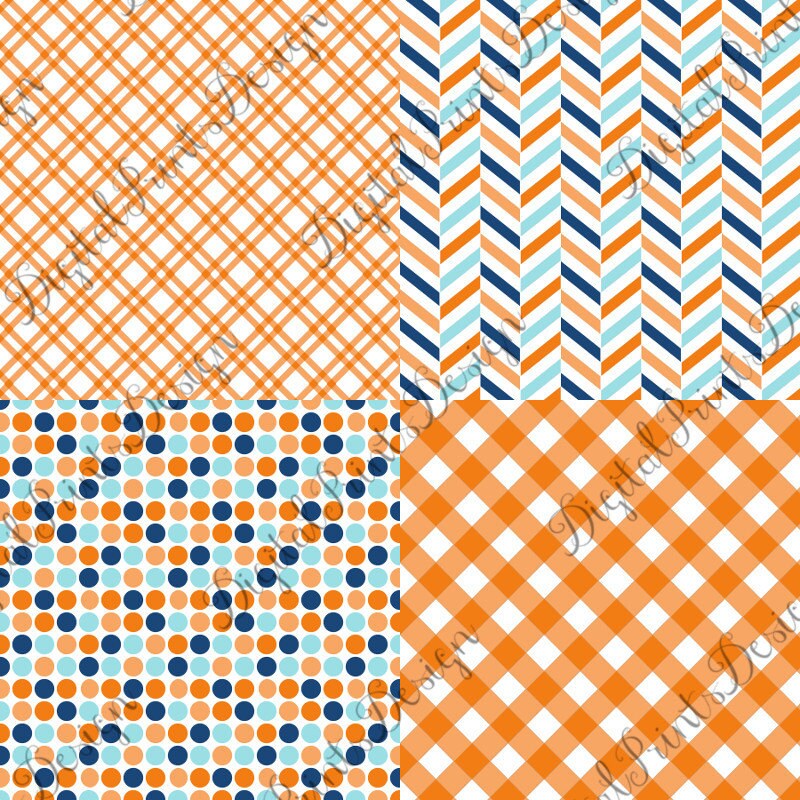 ORANGE & NAVY BLUE Geometric Digital Paper Pack Blue and Orange Chevron ...