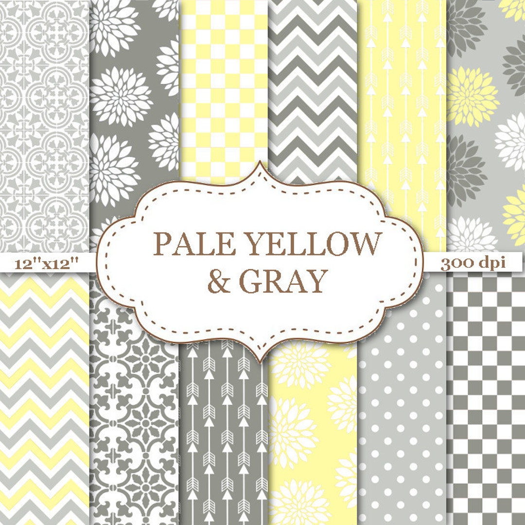 PALE YELOW & GRAY Digital Paper Pack Chevron Arrows Floral Dots ...