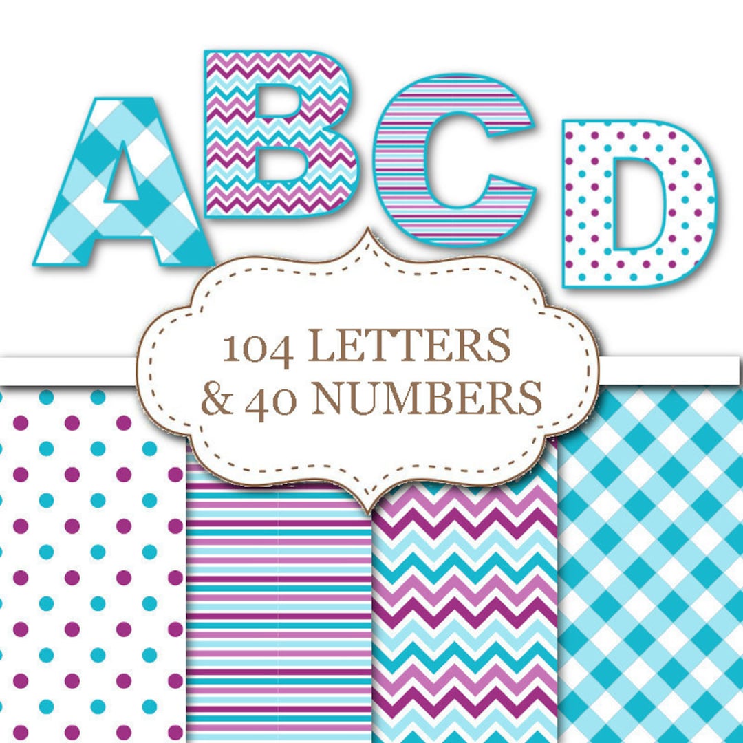 Purple and Blue Alphabet Clipart Polka Dots Stripes Chevron Alphabet ...