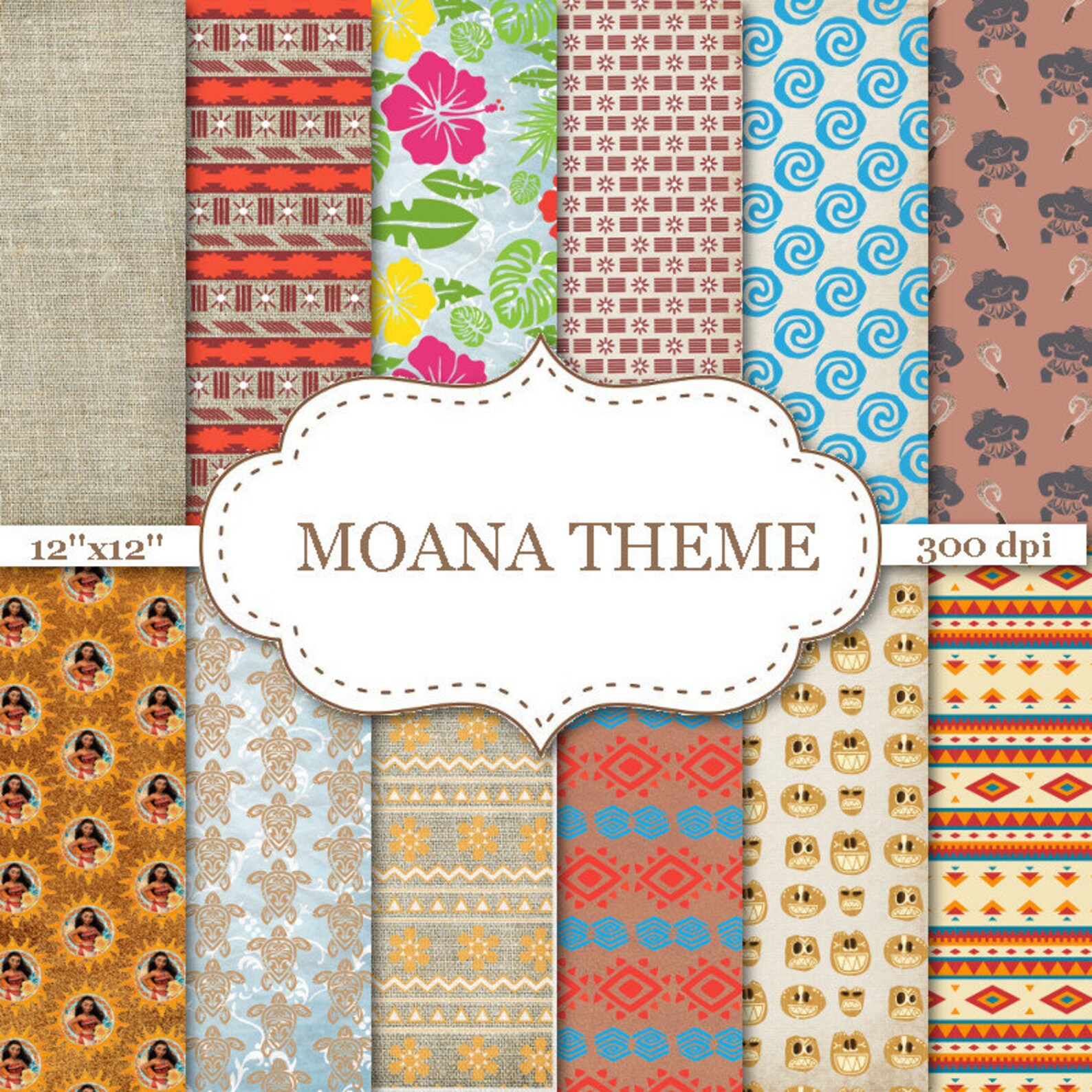 MOANA THEME Digital Paper Moana Maui Turtle Digital Papers Floral ...