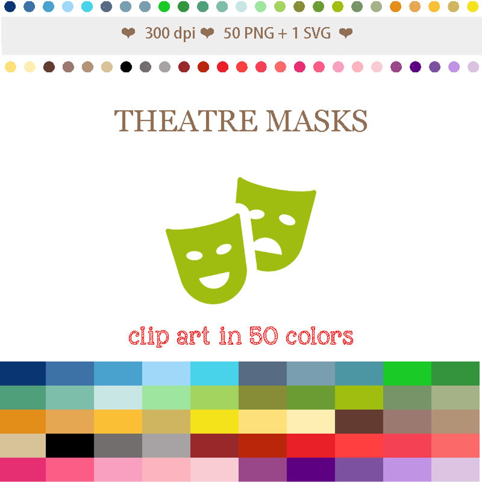 50 Colors Digital THEATRE MASKS Clipart Pantomime Clipart Opera Masks ...