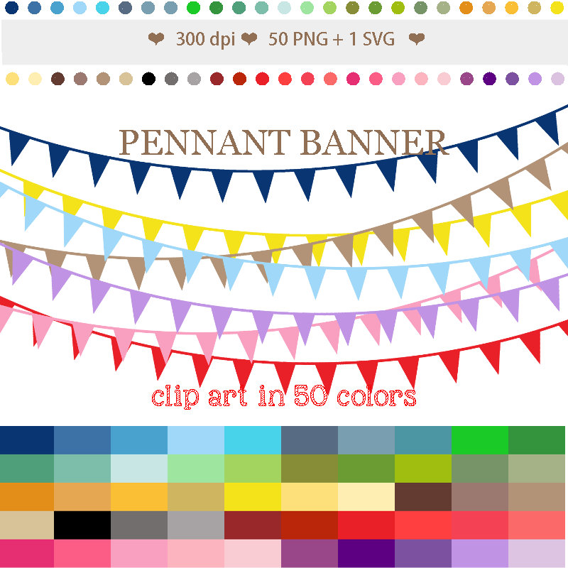 50 Colors Digital PENNANT BANNER Clipart Party Clip Art Rainbow Pennant ...
