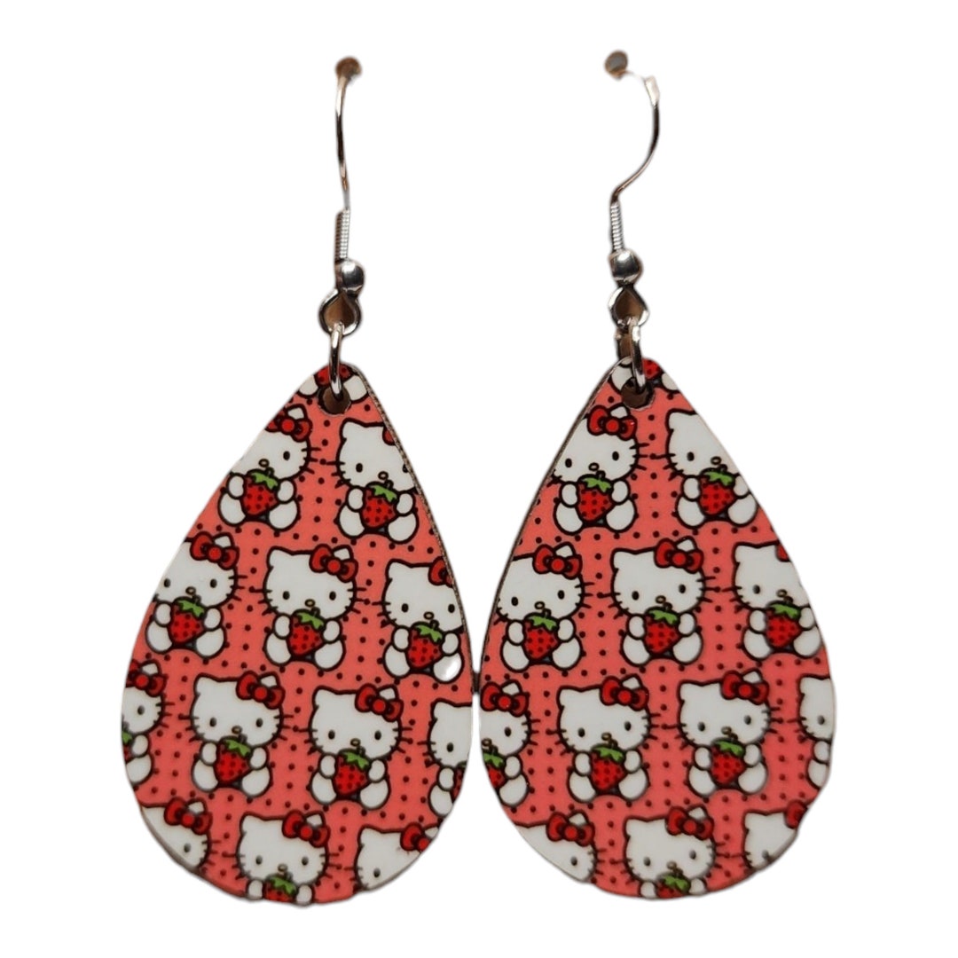 Red Strawberry Hello Kitty Character Hardwood Tear Drop Dangle - Etsy