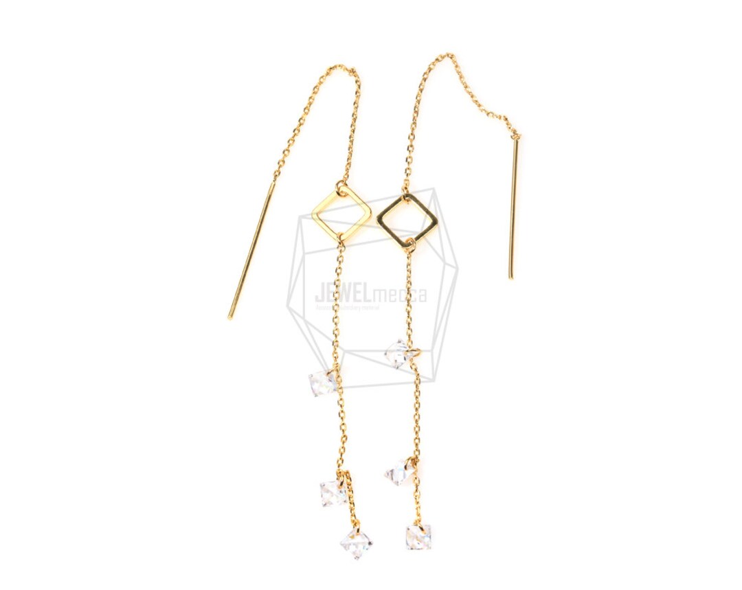 ERG-303-G / 2PCS / Diamond Drop Chain Boucle doreille / 14cm / Plaqué ...