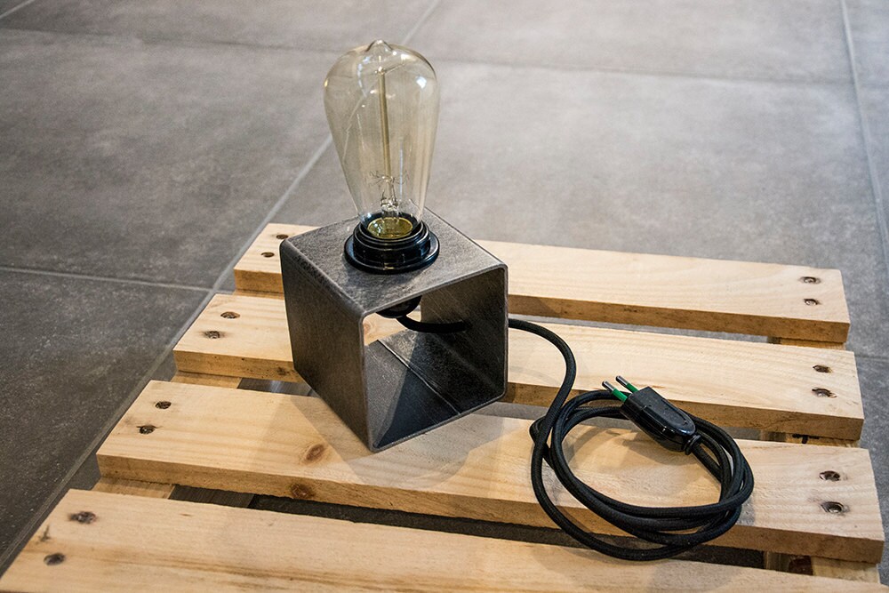Iron table lamp industrial design minimal design cube | Etsy