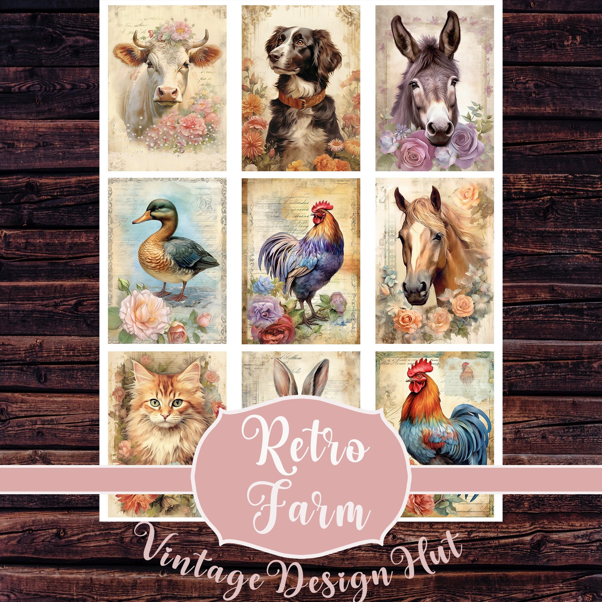 Farm Animals ATC Cards, Farm Chicken Horse Rabbit Pony Digital Papers ...