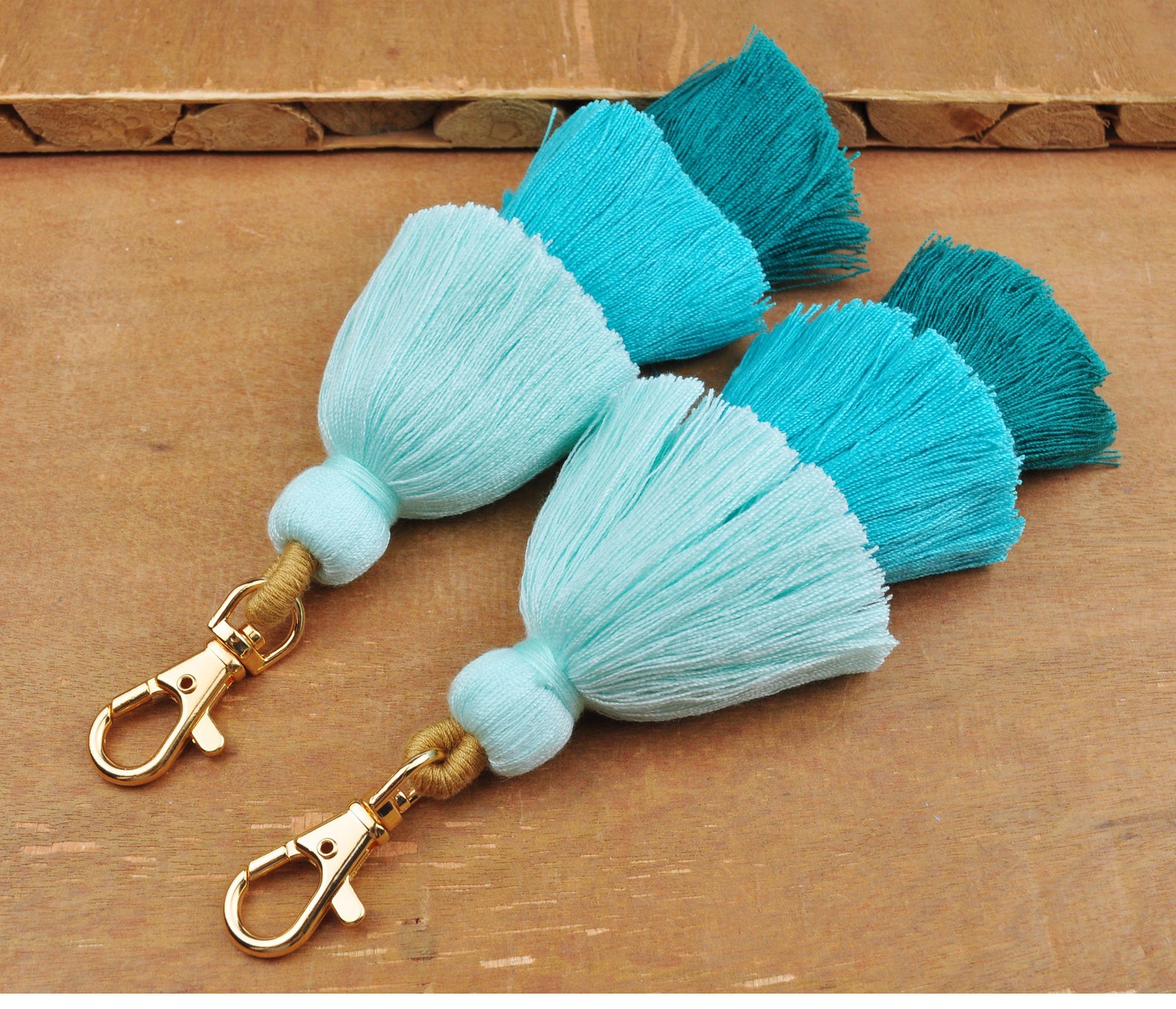 Lake Blue Ombre Bag Tassel With KC Gold Key Clasp,three-layered Tassel ...