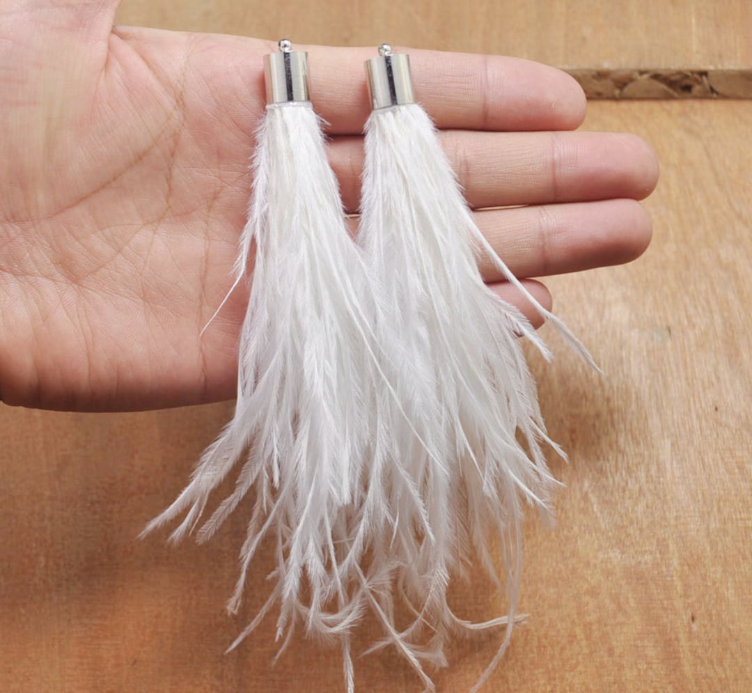 2pcs White Ostrich Feather Tassel Pendant,silver Metal Cap Feather ...