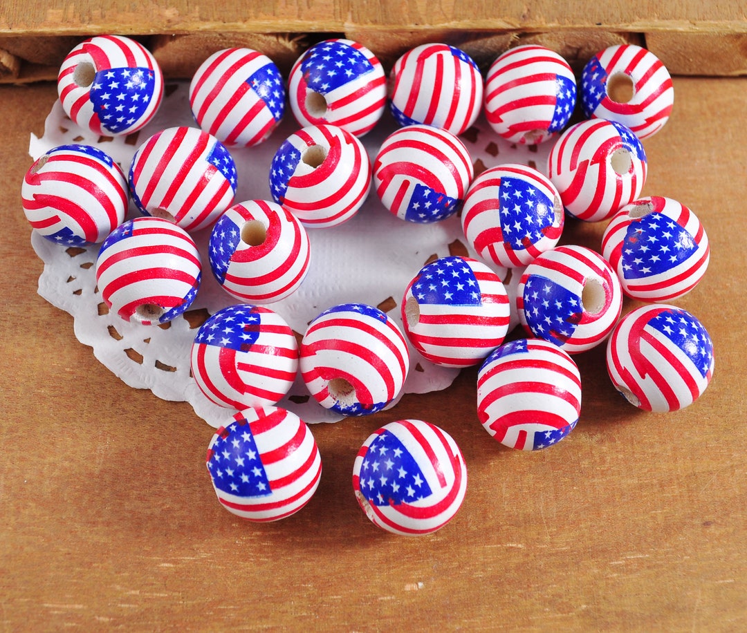 10-50pcs 16mm American Flag Printed Wood Beads,round Natural Wooden ...