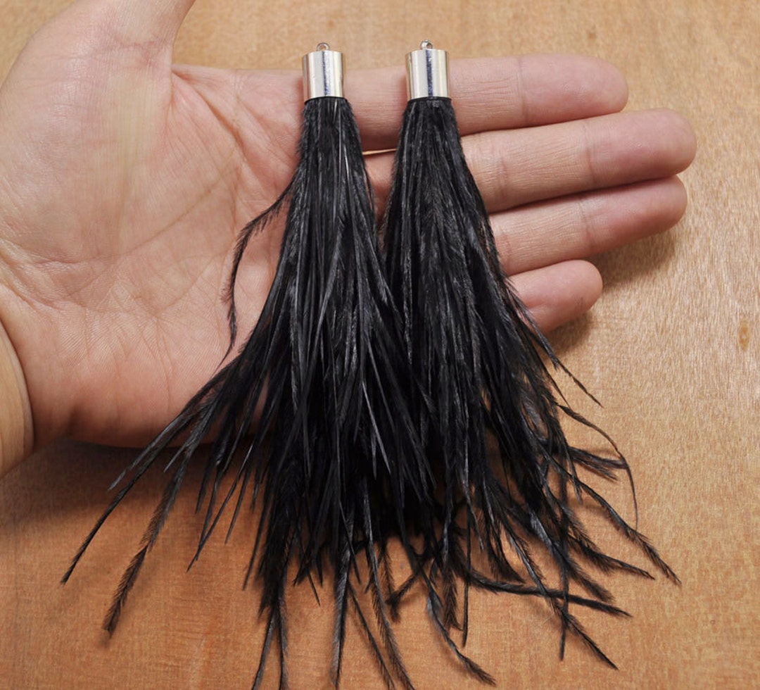 2pcs Black Ostrich Feather Tassel Boho Necklace Pendant,silver Metal ...