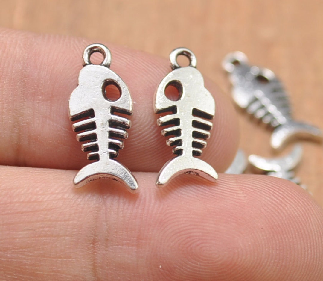 25pcs Silver Fishbone Charms,antique Silver Metal Fish Bone Charm,skull ...