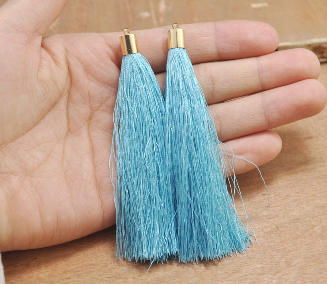 95mm Silk Tassels25pc Sky Blue Silky Fringe Tassels With Gold - Etsy