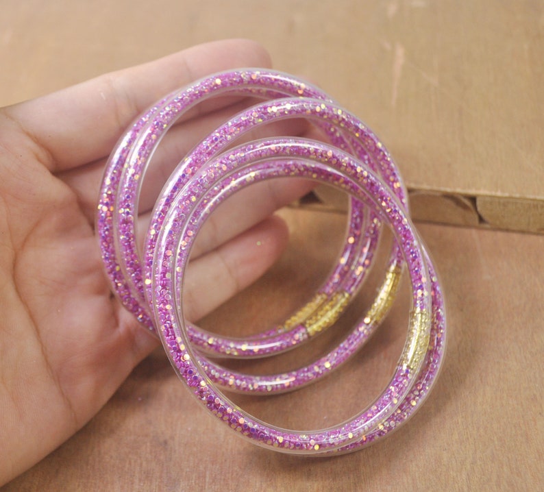 5Pcs Magenta Glitter Filled Jelly Bangle Bracelet Set Plastic | Etsy