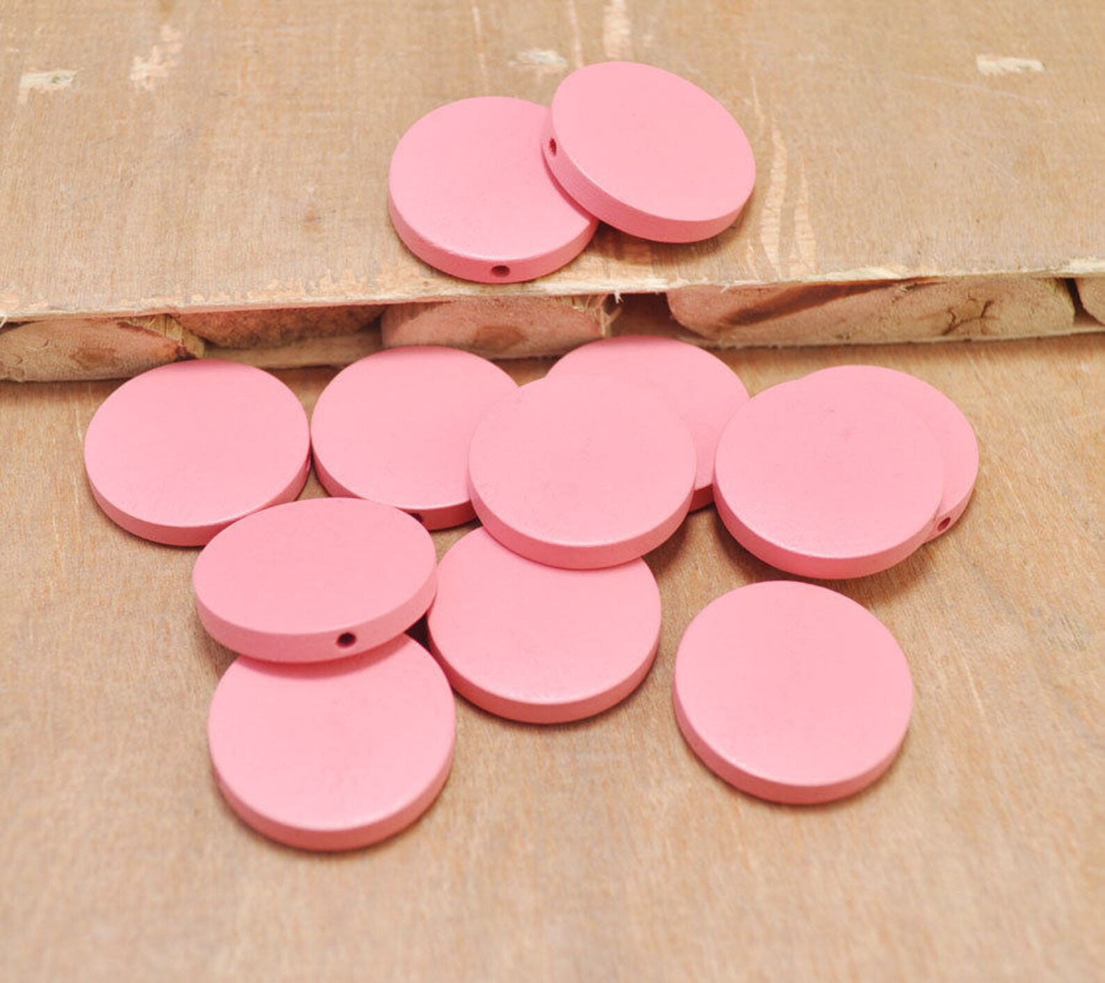 10pcs 25mm Flat Round Wood Bead Pendants,painted Wooden Bead,round Wood ...