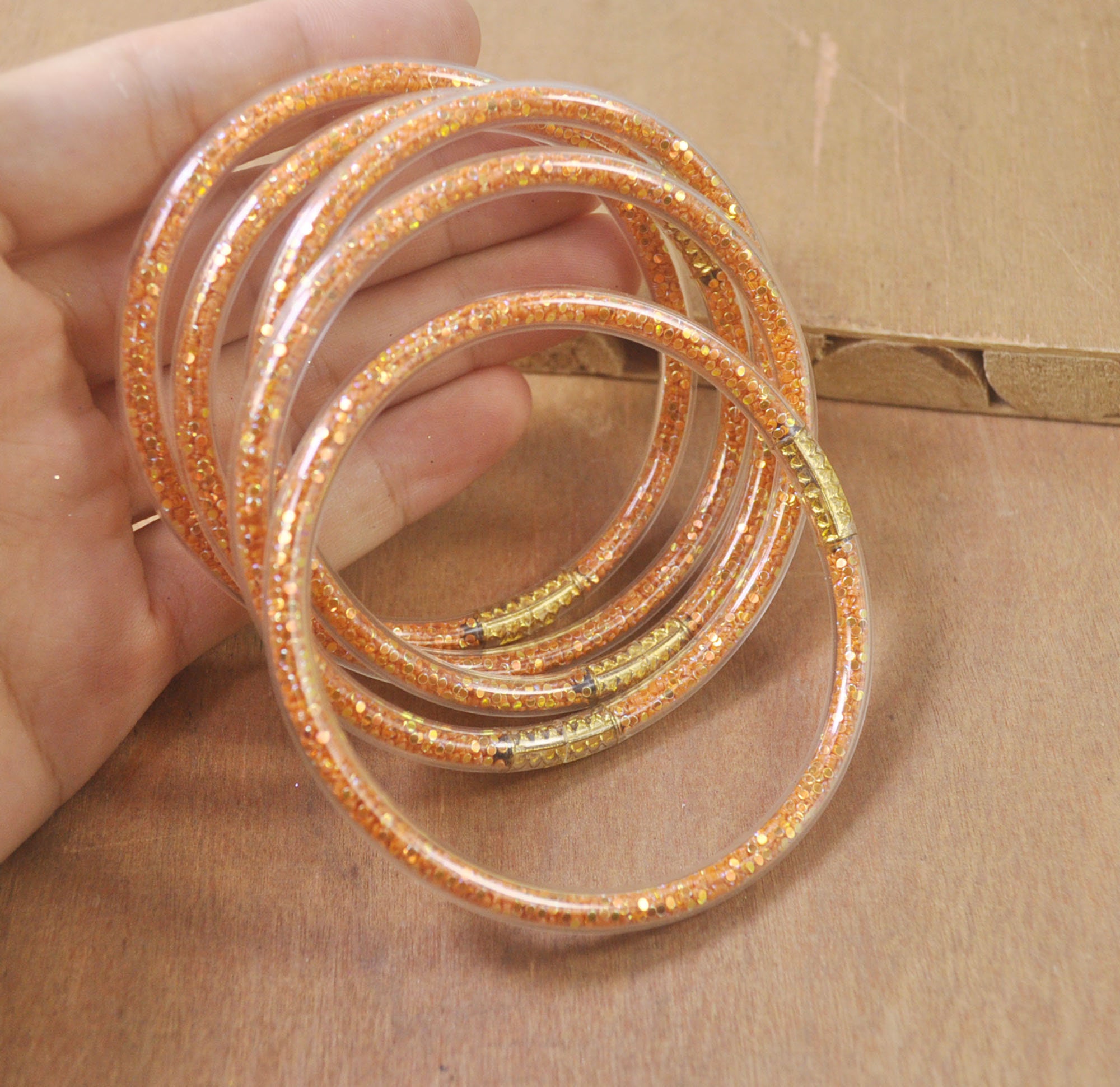 5pcs Orange Glitter Filled Jelly Bangle Bracelet Set Plastic - Etsy