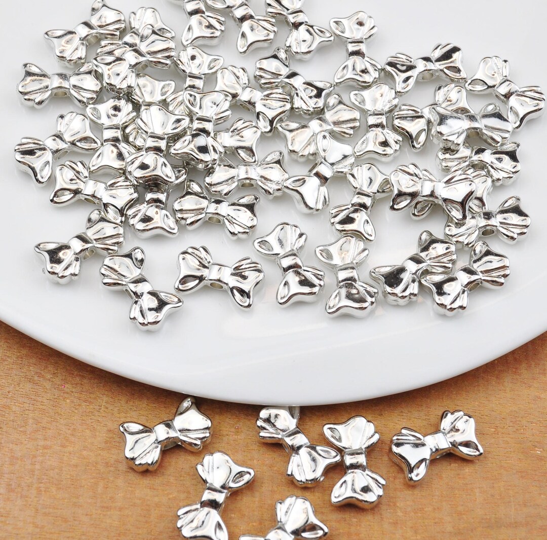 Silver Bow - 50/100pcs Small Bowknot Beads - Acrylic Bowknot Beads DIY ...
