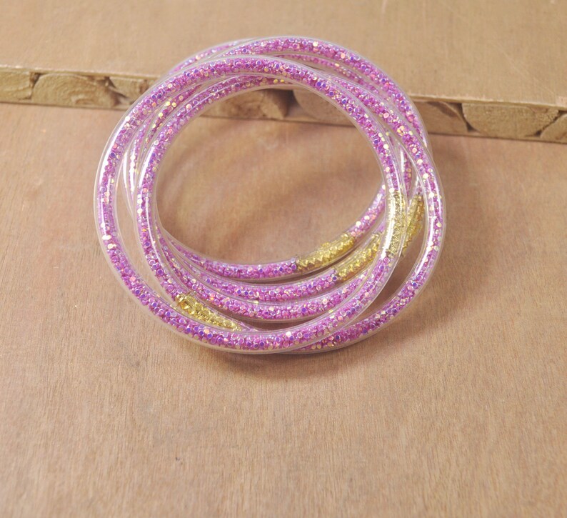 5Pcs Magenta Glitter Filled Jelly Bangle Bracelet Set Plastic | Etsy