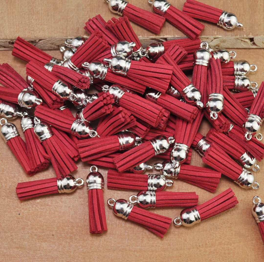 38mm(1.5") Faux Leather Tassels,50pcs Red Mini Tassel Craft,silver Cap ...