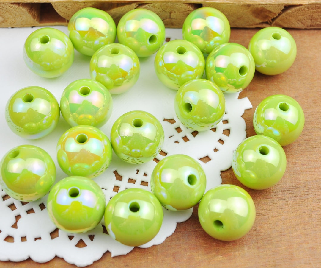 10pcs/lot 16mm Lime Green AB Round Beads, Iridescent Acrylic Gumball ...