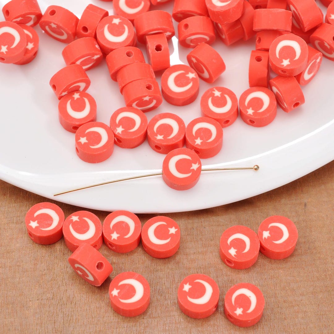 40pcs Polymer Clay Round Türkiye Flags Beads，turkey Flag Clay Bead,fimo ...