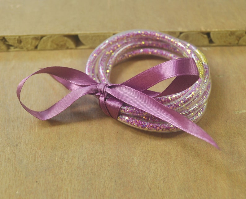 5Pcs Magenta Glitter Filled Jelly Bangle Bracelet Set Plastic | Etsy