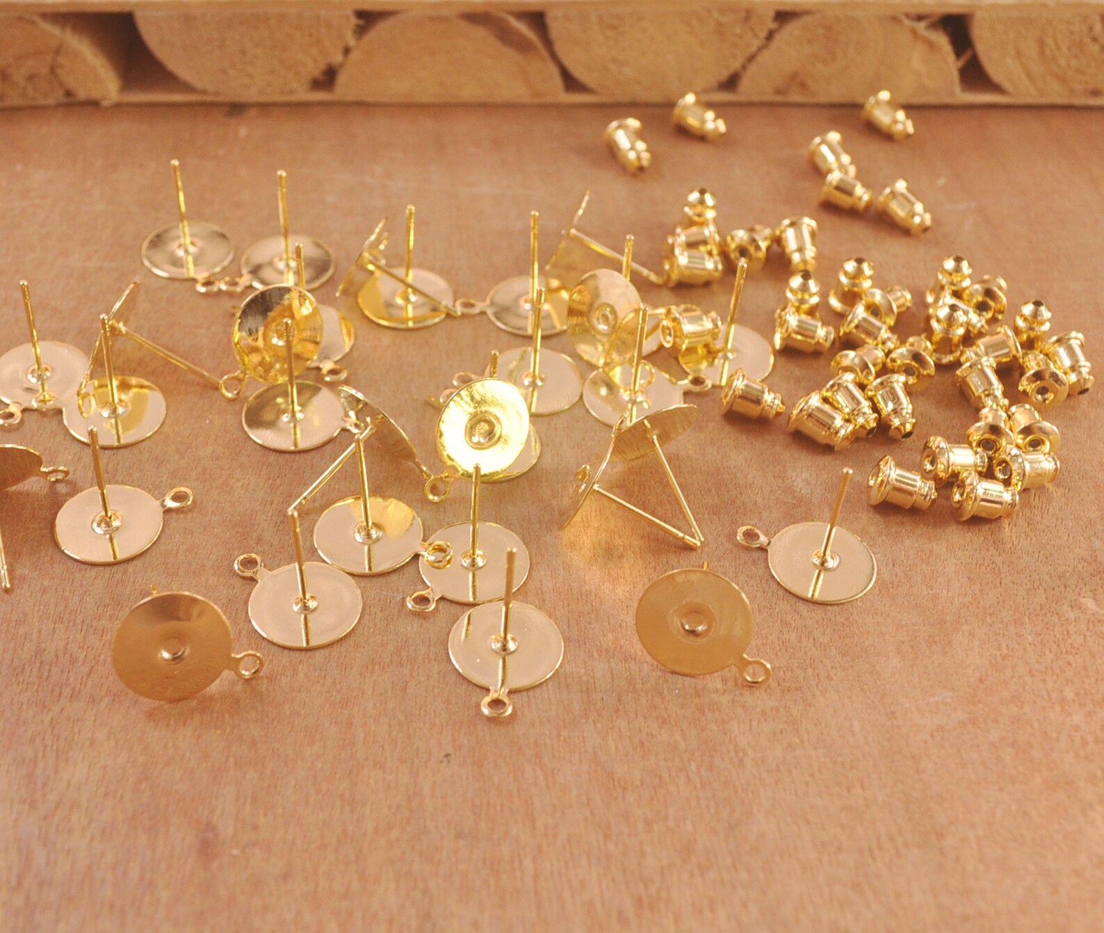 20/50 Pcs Round Earring Post Studs With Loop,18k Gold Plated, 10mm ...