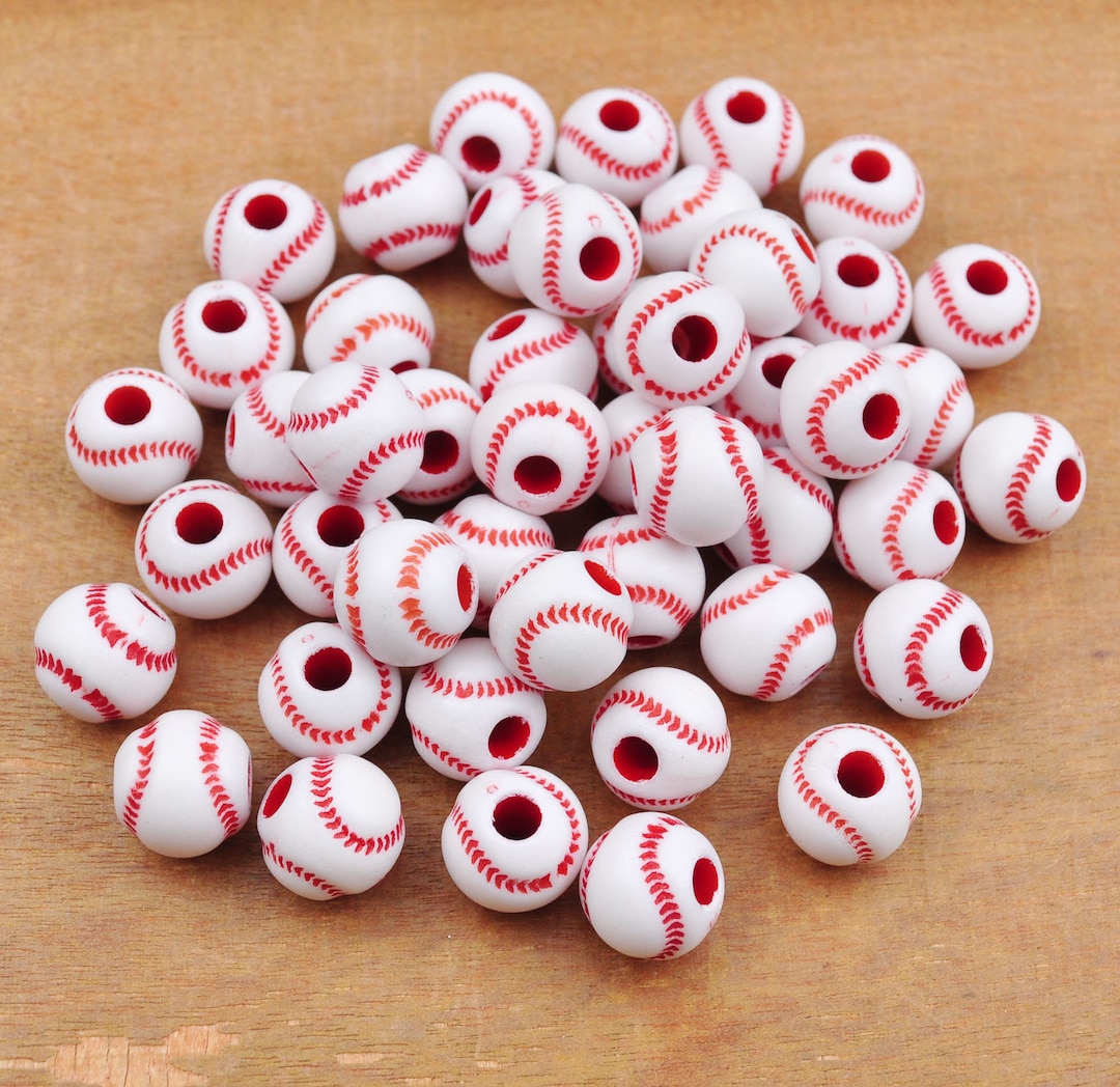 100pcs Softball,ball, Acrylic Round Beads，white & Red Acrylic Softball ...