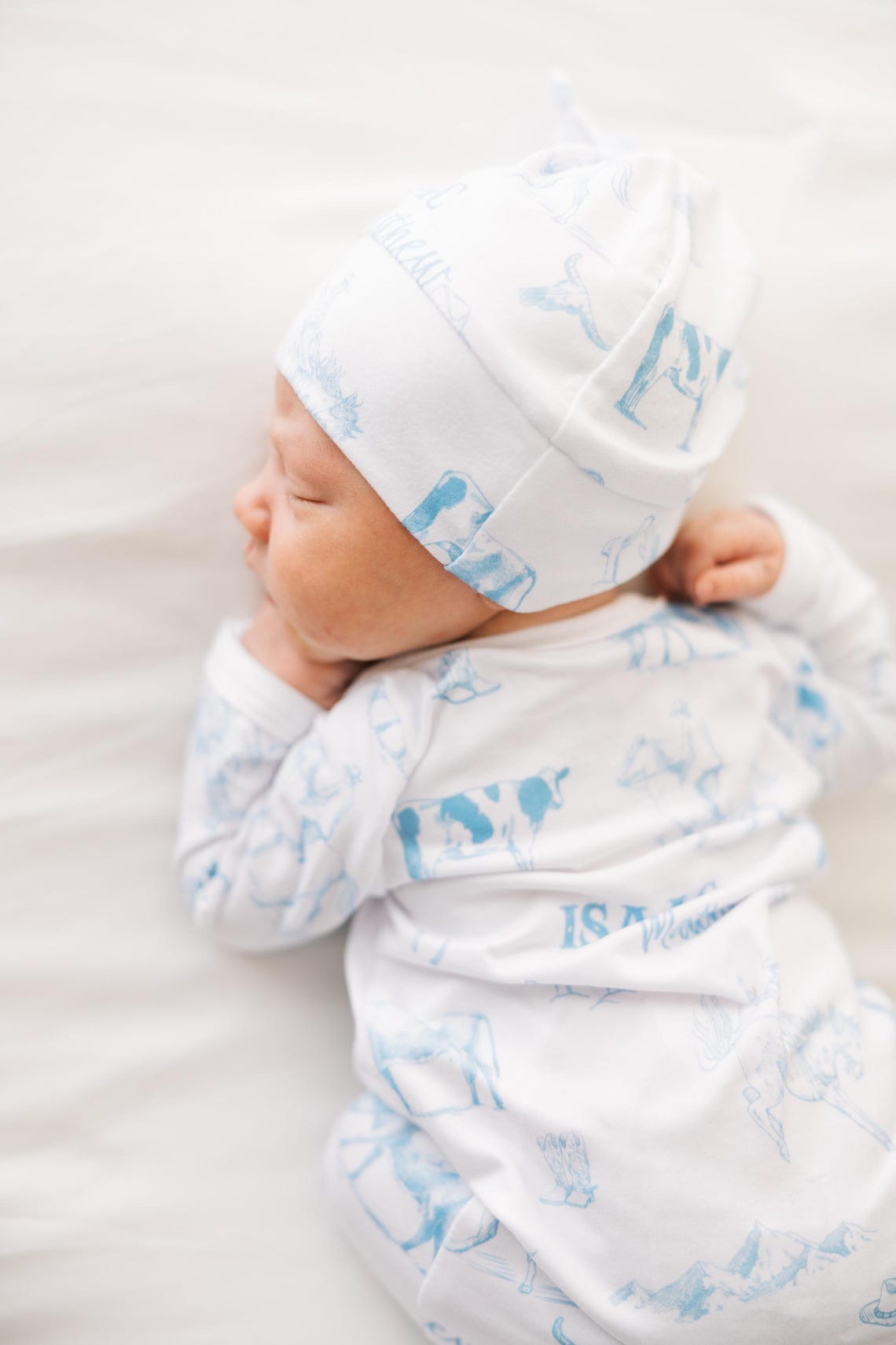 Personalized Blue Western Toile Baby Set: Swaddle, Gown, Beanie ...