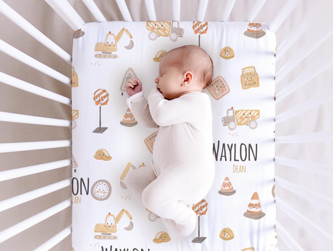 Little Diggers Personalized Baby Boy Crib Sheet – Construction Vehicle ...