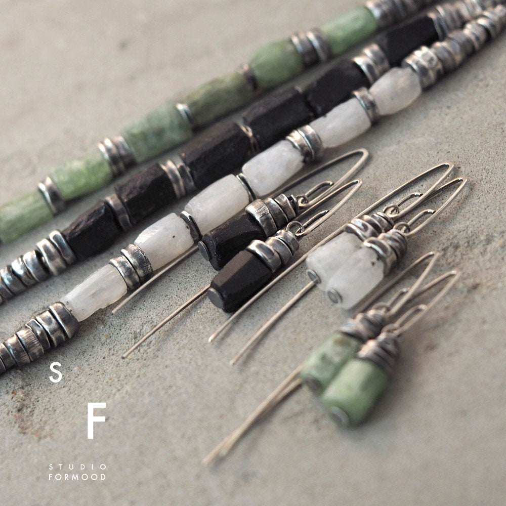 Oxidized Silver Necklace: Green Kyanite, Moonstone & Black Tourmaline ...