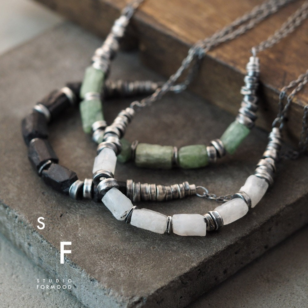 Oxidized Silver Necklace: Green Kyanite, Moonstone & Black Tourmaline ...