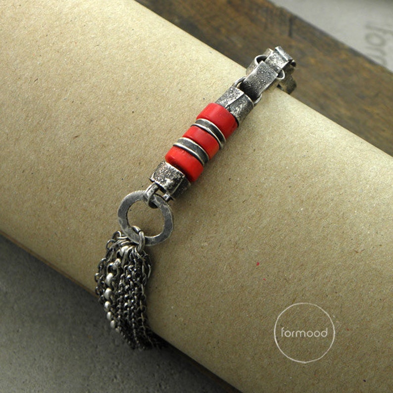 Sterling Silver and Red Coral Bracelet Chain Bracelet - Etsy