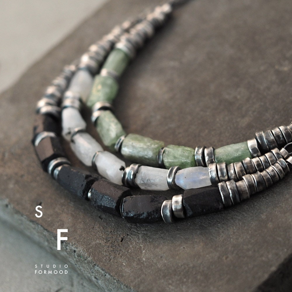 Oxidized Silver Necklace: Green Kyanite, Moonstone & Black Tourmaline ...