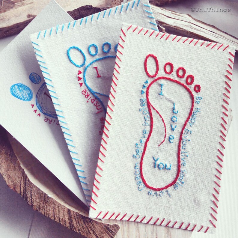 Blue Embroidery Cards Baby Feet Birthday Cards Baby Postcards | Etsy