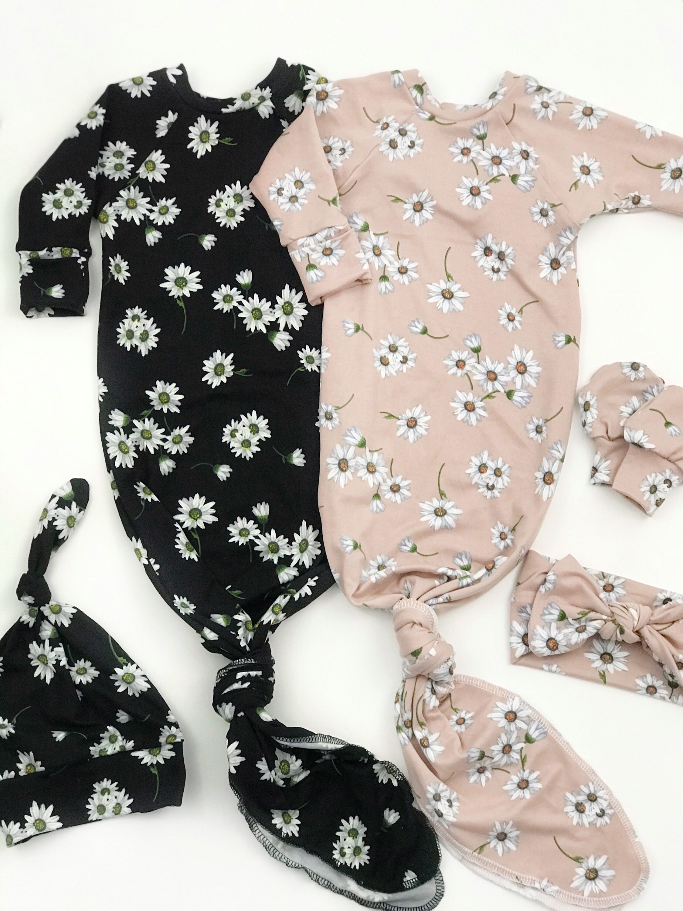 Daisy Long Knotted Baby Newborn Gown Fold Over Mittens Mitts | Etsy