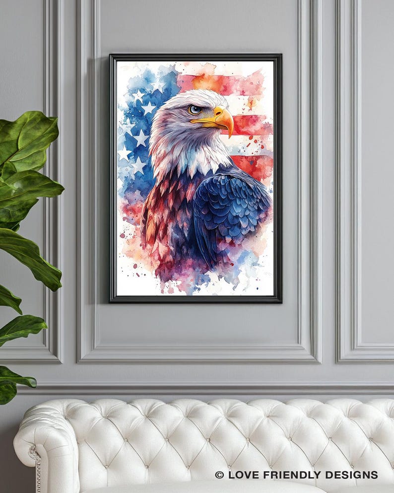 Watercolor Bald Eagle Art Print: American Flag Patriotic Decor - Etsy