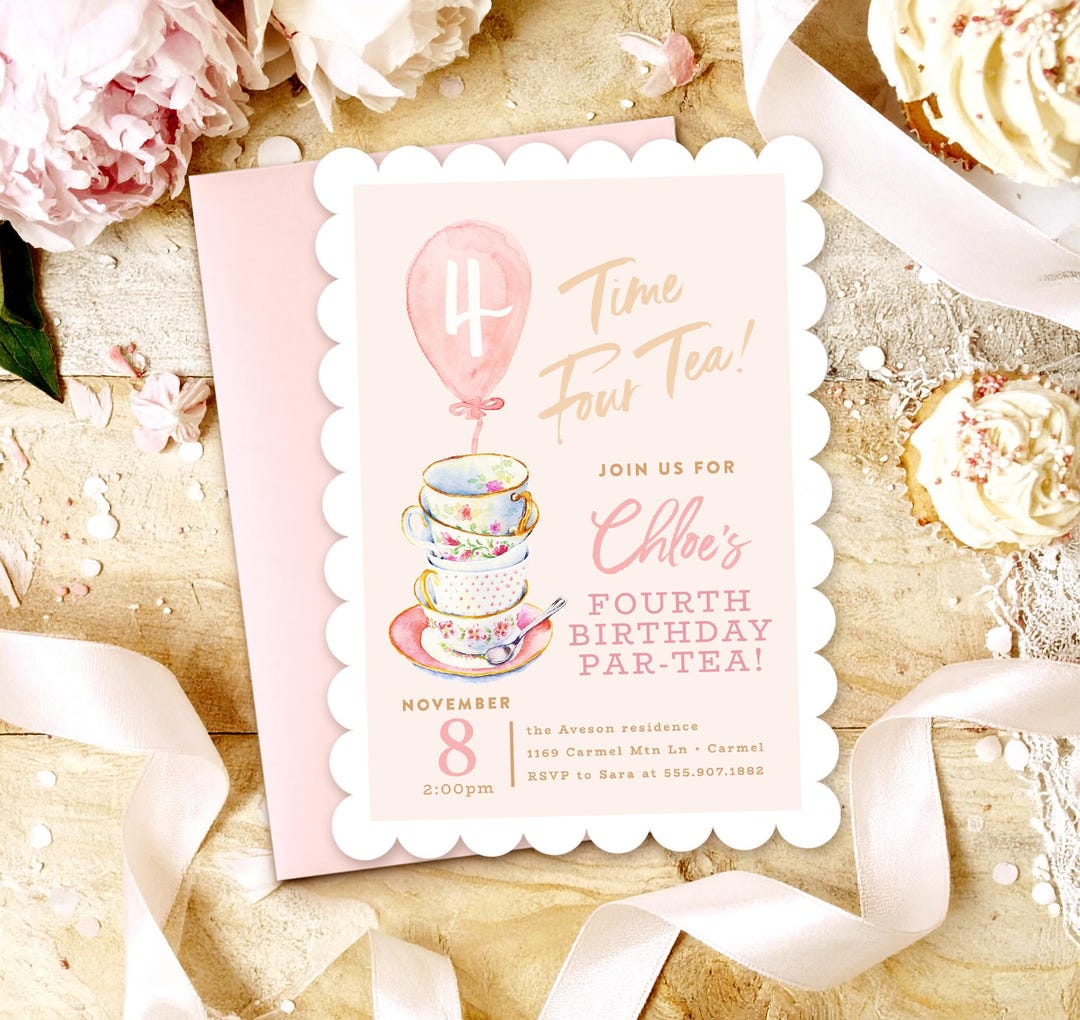 Time Four Tea Birthday Invitations, Teacups Invitation, 4th Birthday ...