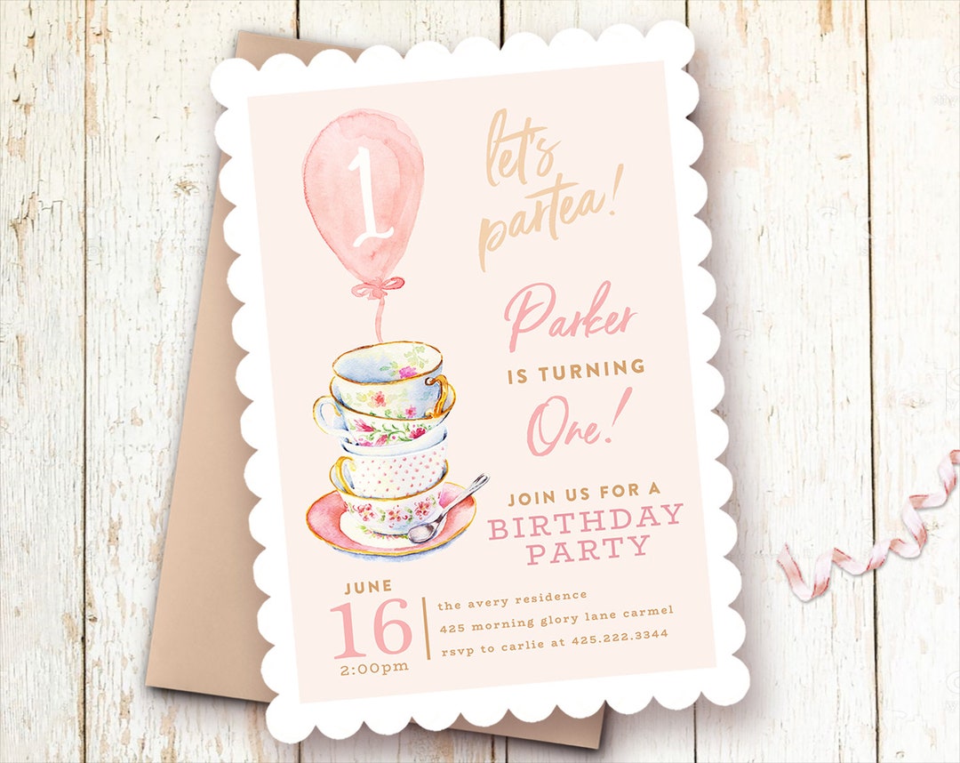 Tea Party Birthday Invitation Girl, Blush, Pink, Teacups, Let's Partea ...