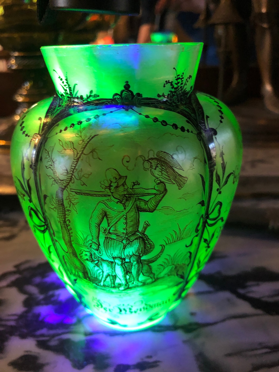 Antique German Schwarzlot Uranium Glass Vase With Hunters and Poems - Etsy