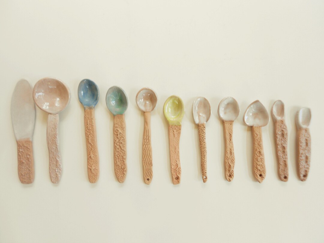 Small Handmade Pottery Spoons Tiny Ceramic Embossed Handle Condiment ...