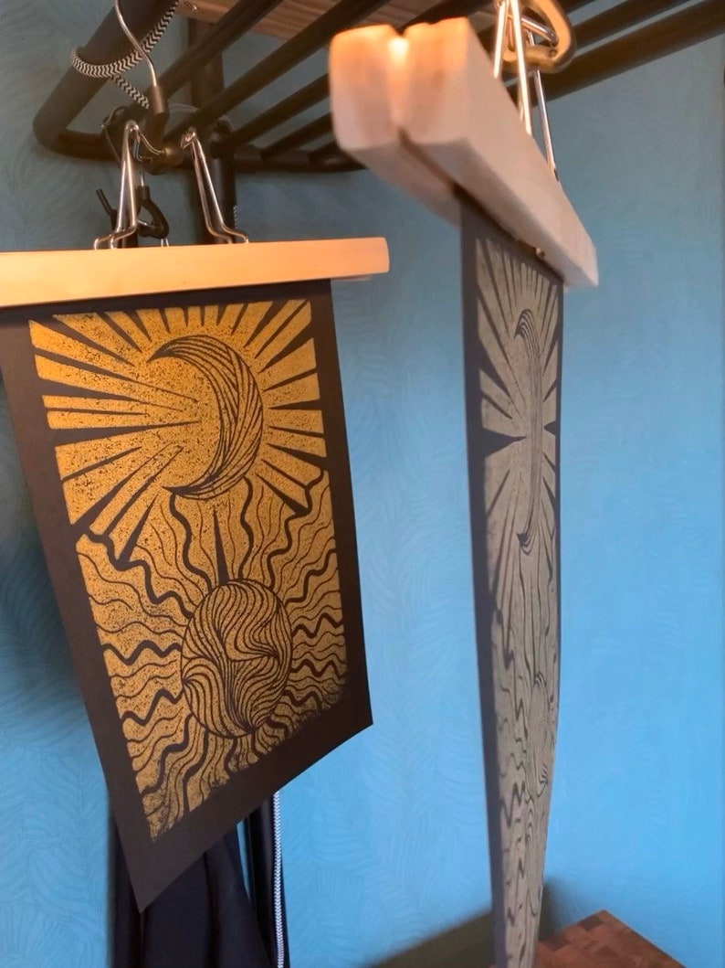 Sun and Moon Handmade Art Print Linocut Gold - Etsy
