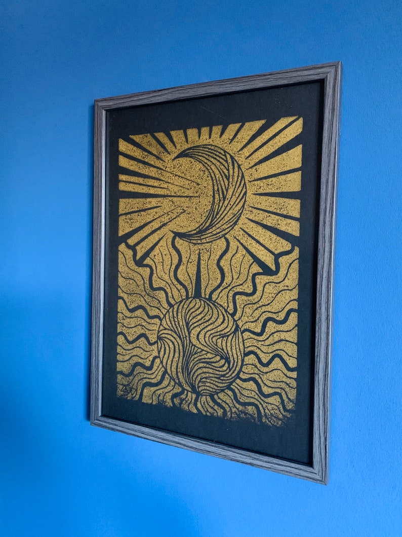 Sun and Moon Handmade Art Print Linocut Gold - Etsy