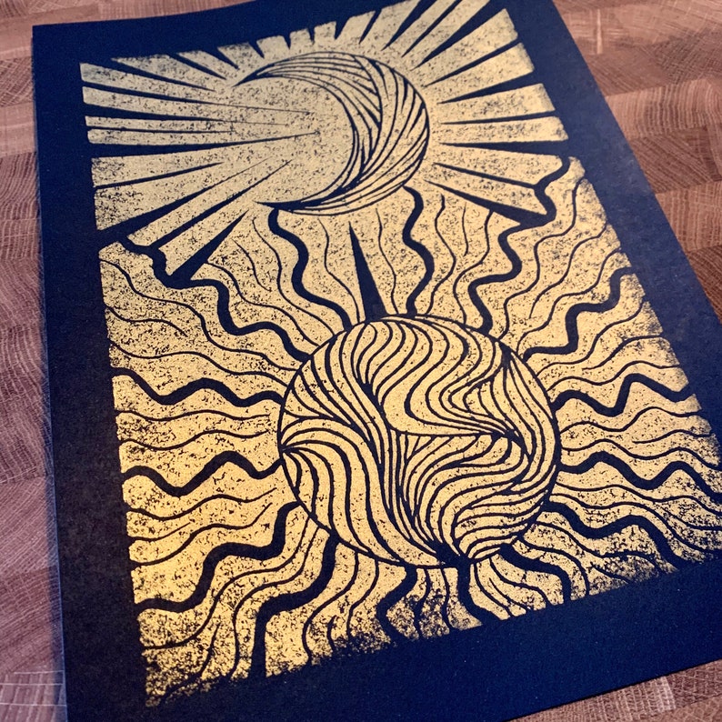 Sun and Moon Handmade Art Print Linocut Gold - Etsy