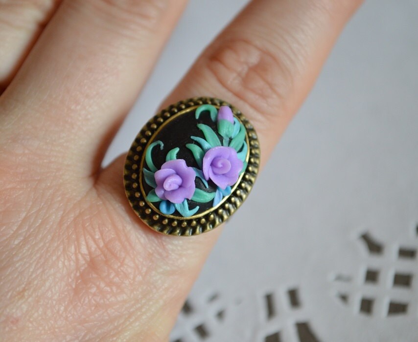 Green and Lilac Ring Polymer Clay Ring Adjustable Floral Ring Beautiful ...
