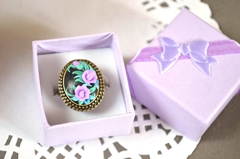 Green and Lilac Ring Polymer Clay Ring Adjustable Floral Ring Beautiful ...