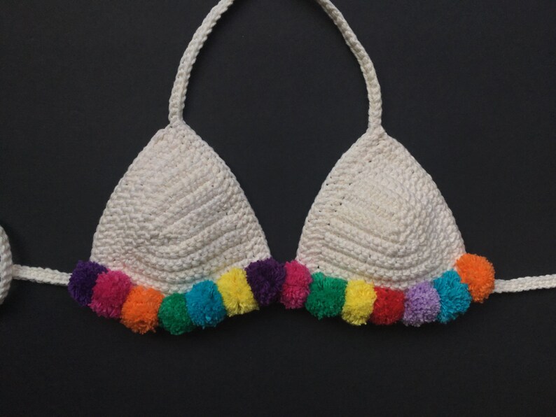 Rio Pom Pom Boho Bralette Bra and Cheeky Bottoms crochet | Etsy