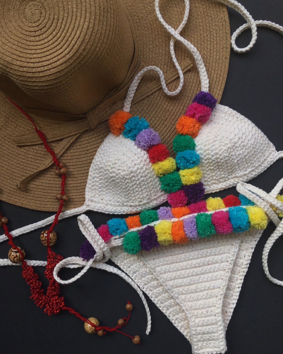 Rio Pom Pom Boho Bralette Bra and Cheeky Bottoms -crochet Bikini SET ...