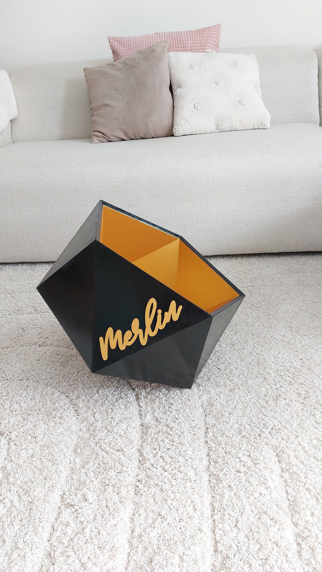 Black Dog Toy Box Gold With Name Pet Storage Basket Wood Geometrical ...