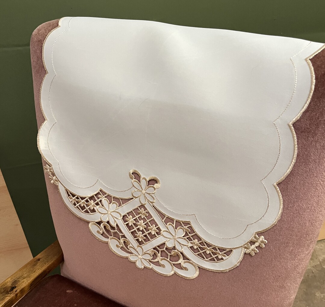 Plain Cream Embroidered Floral Cutwork Scalloped Edge Arm Chair Back ...